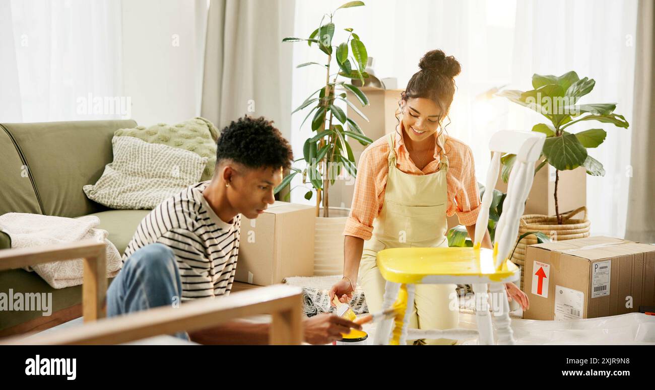 Couple, painting chair or home for interior design with support ...