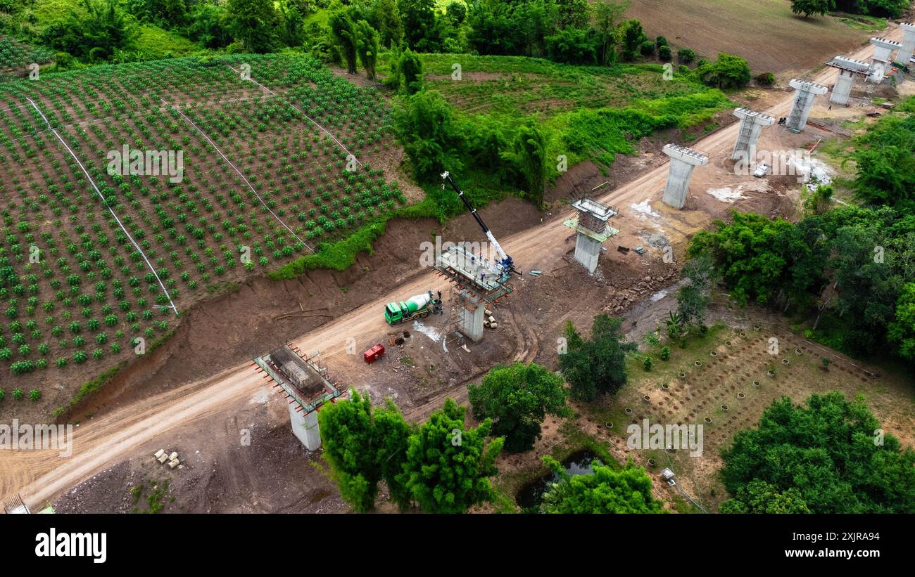 Aerial view of a new road development or highway under construction ...