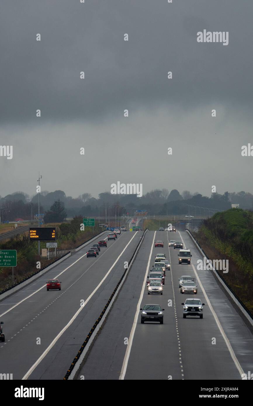 Traffic driving in rain on Peka Peka to Otaki expressway in Kapiti, New ...