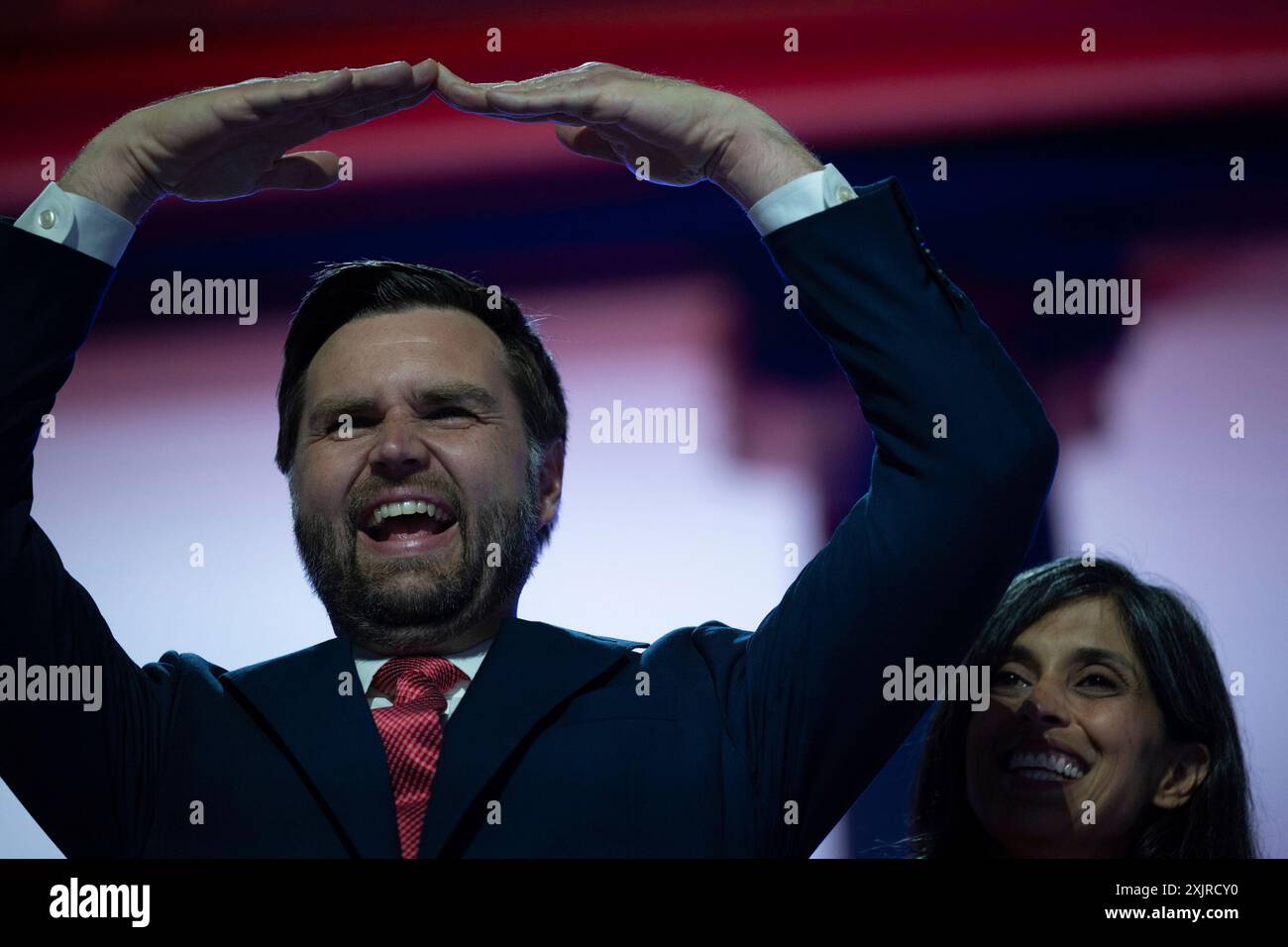 VP pick United States Senator JD Vance (Republican of Ohio) holds up an ...