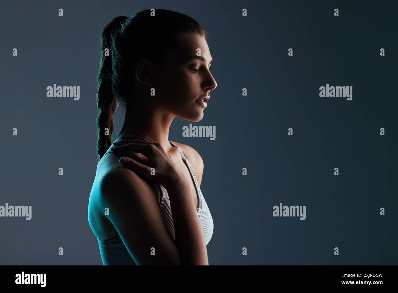 Shadow, woman and face in studio for beauty, mystery and facial ...