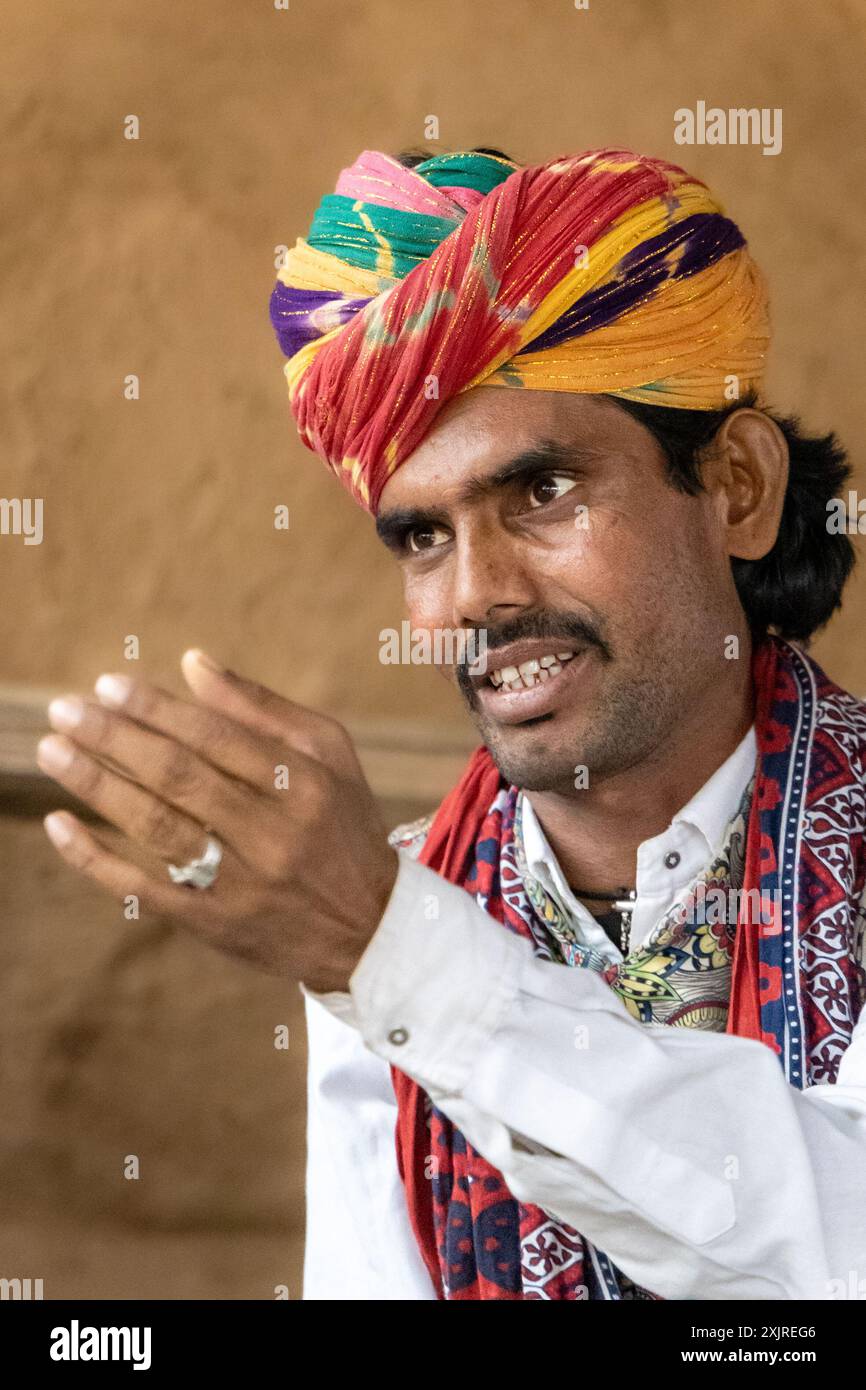 indian rajasthani man singing in traditional folk music at day from ...