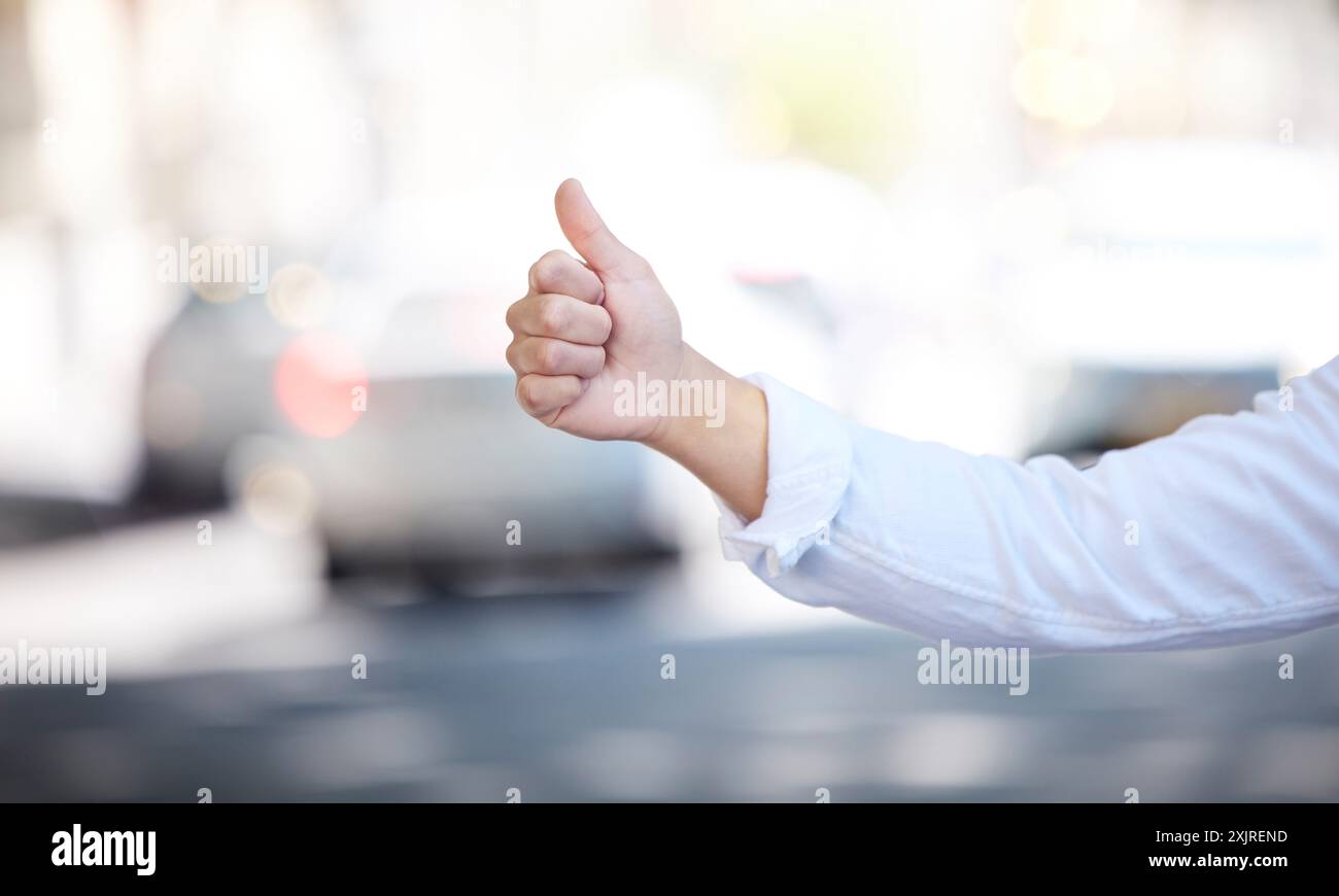 Entrepreneur, thumbs up or hand of person for taxi, attention or hail ...