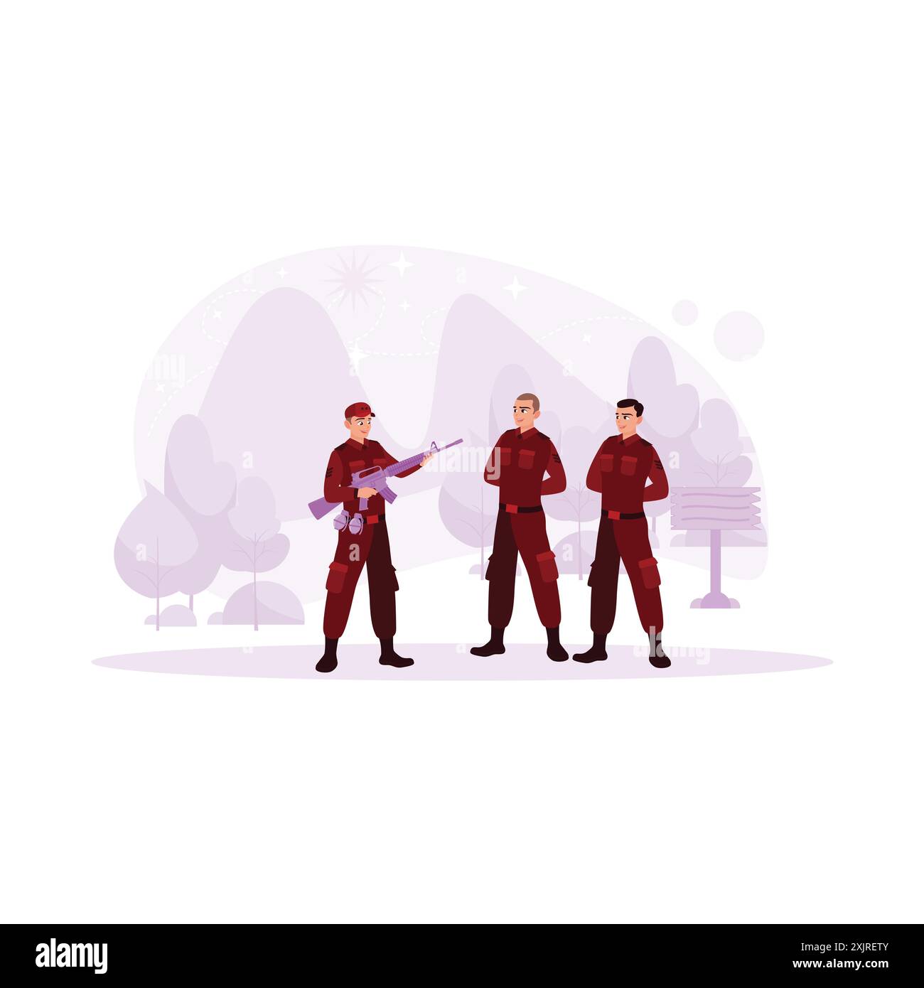 Three soldiers, following military maneuvers, against a shady tree in ...