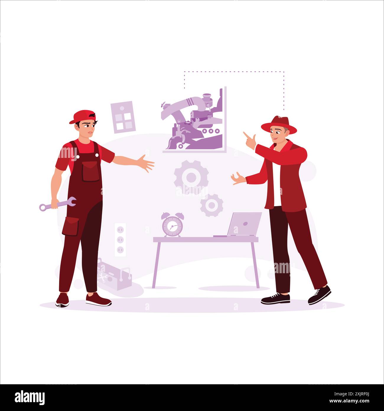 Automotive mechanic with a tool in hand, explaining car problems to the ...