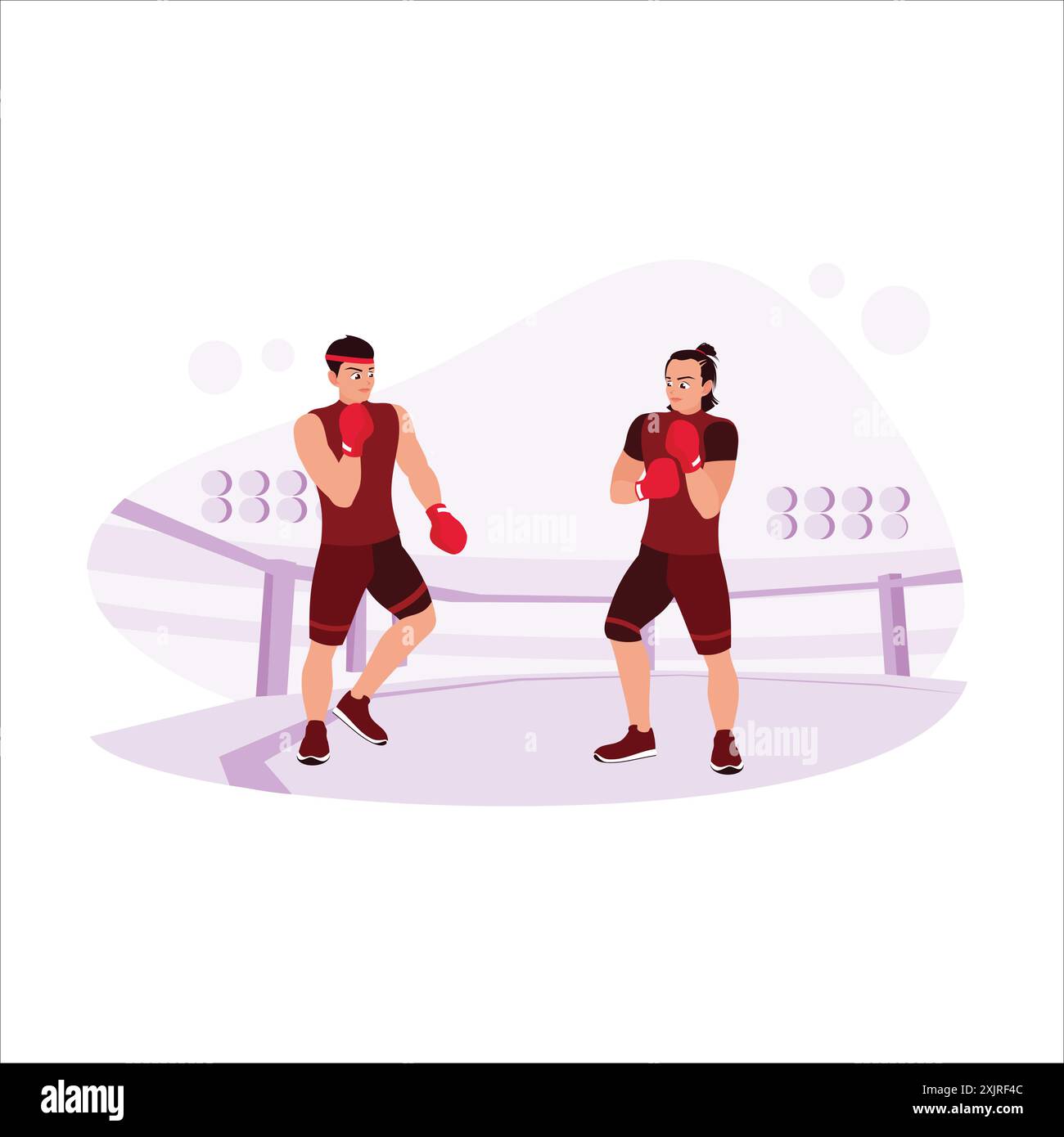 Two professional boxers, boxing duel in the ring, with power and attack ...