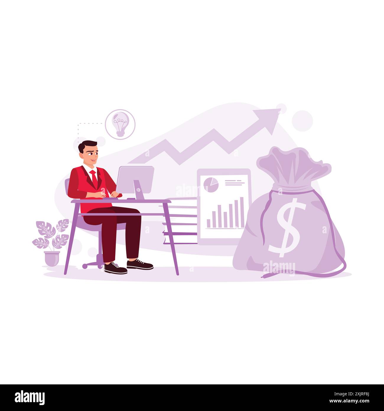 Young boss busy with the computer in the office, trying to solve ...