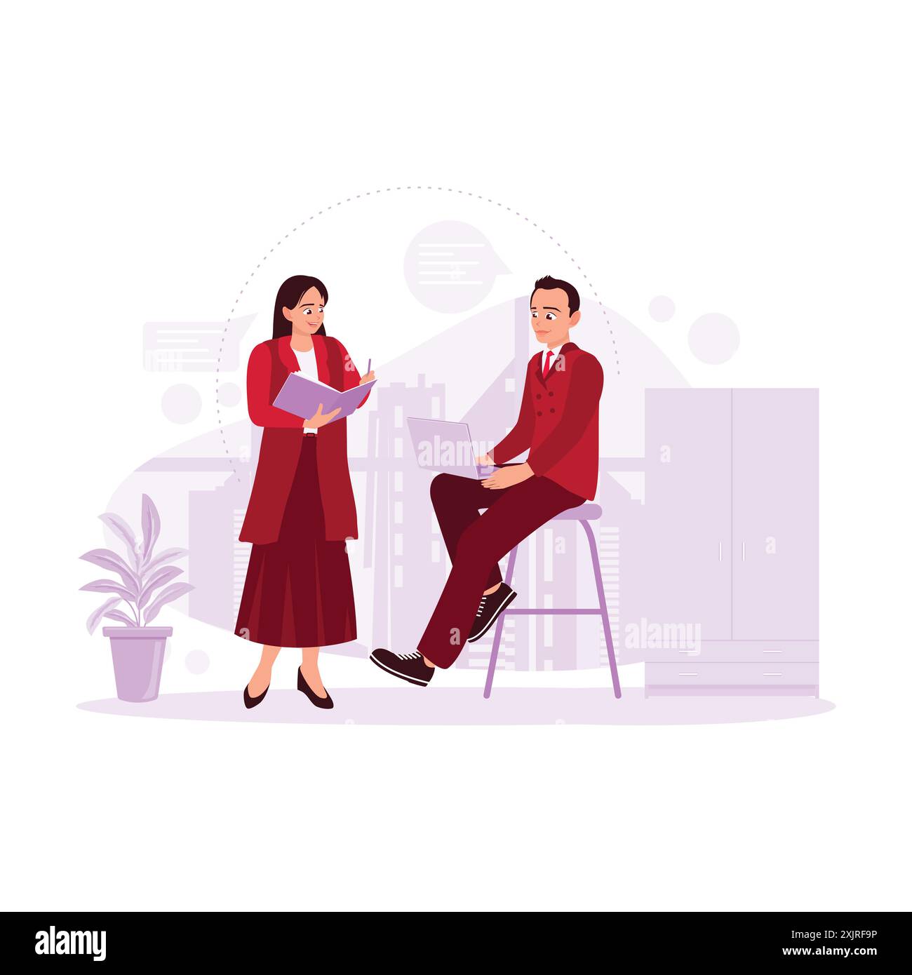 Male and female workers discuss business projects in the office, and ...