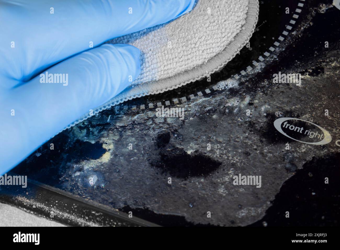Person cleaning an electric hob with a scrubbing pad. Housework chore ...