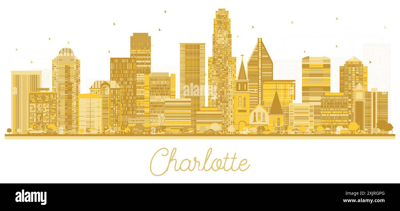 Charlotte NC city skyline with golden buildings isolated on white ...
