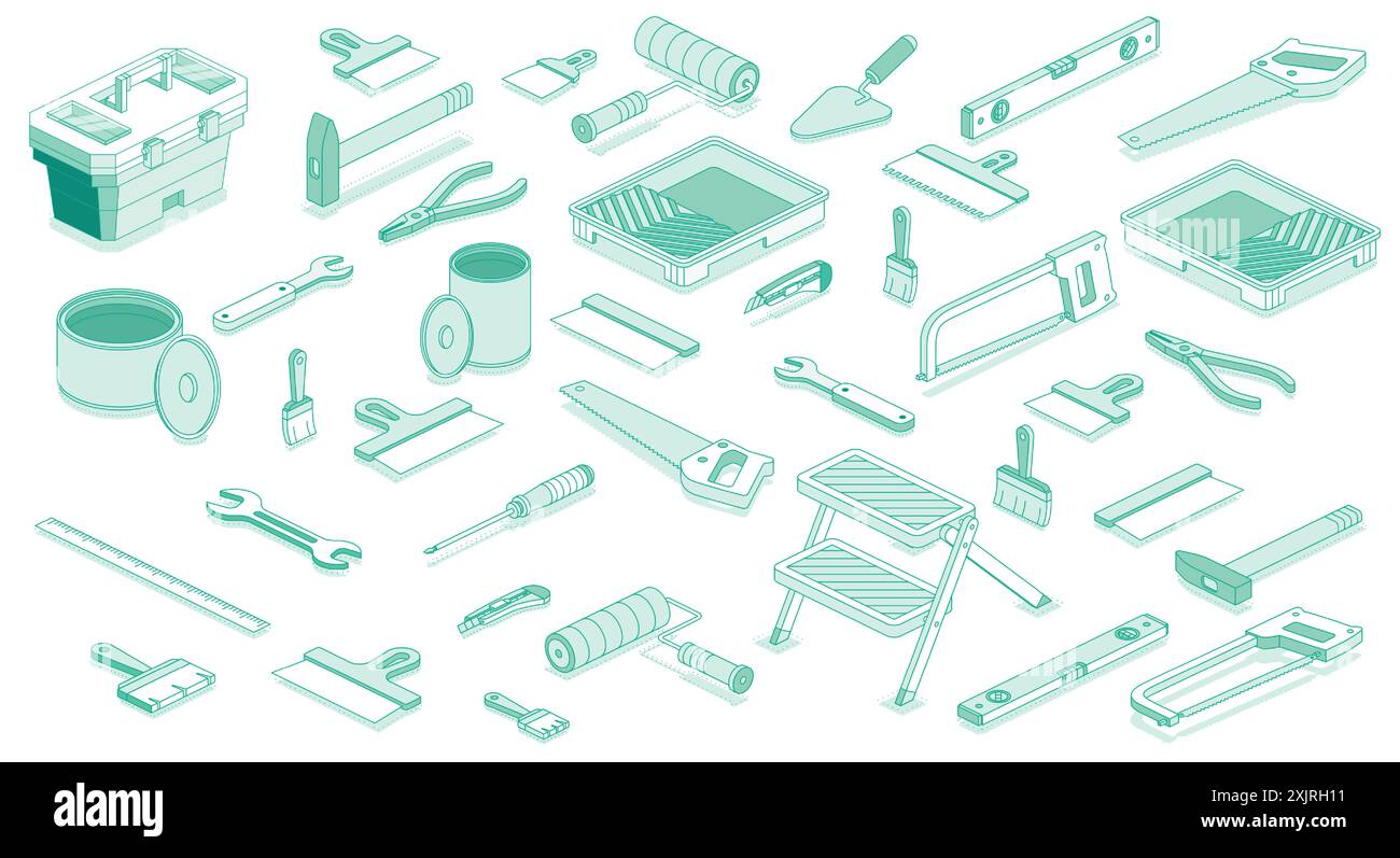 Isometric collection of work tools. Vector illustration. Equipment for ...
