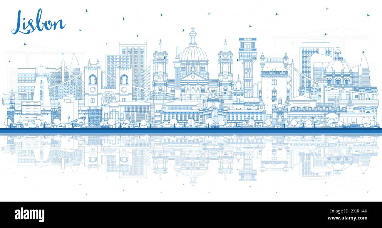 Outline Lisbon Portugal city skyline with blue buildings and ...