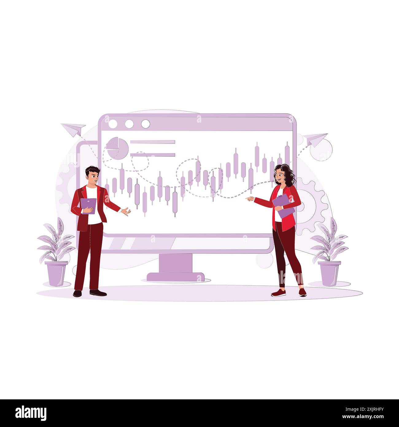 Two young employees presented the business through graphs, charts, and ...