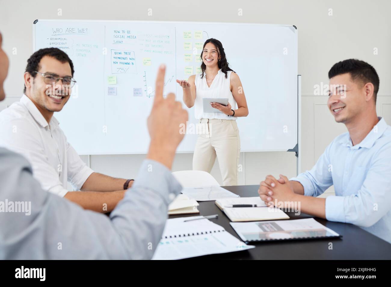 Meeting, hand and faq for male speaker, workshop and sales project for ...