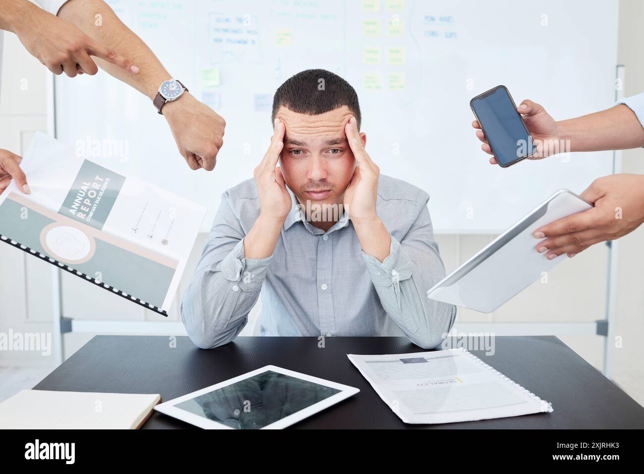 Sad overwhelmed businessman documents tablet hi-res stock photography ...