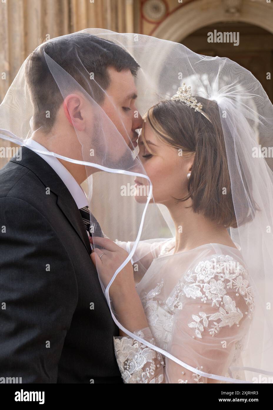 Wedding portrait of the bride and groom. Happy bride and groom hug each ...