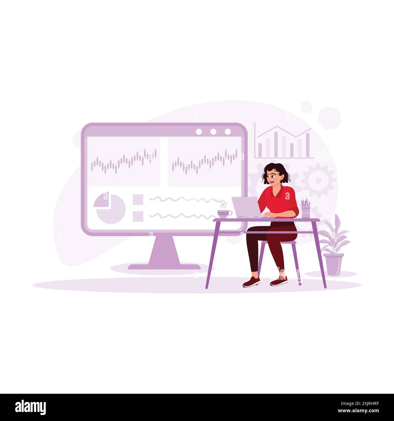 The female employee works with her laptop in a busy office, analyzing ...