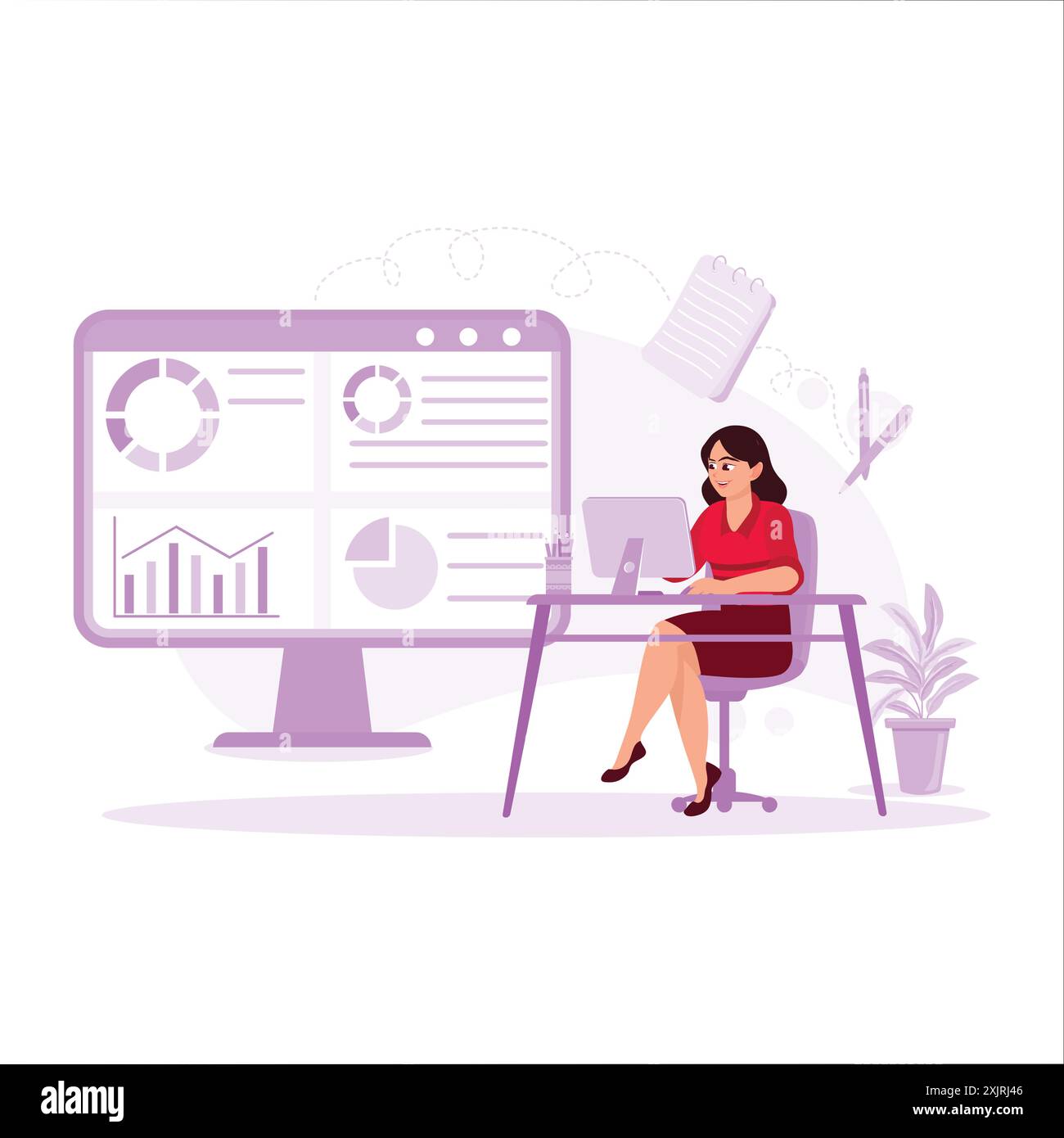 Young businesswoman, busy working in the office with a computer on the ...