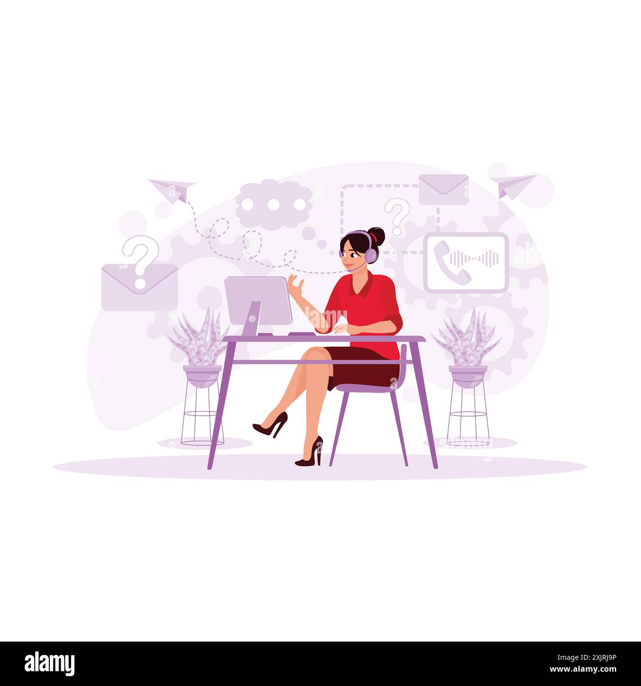 Call center agent, a young woman, working in a friendly manner, using a ...