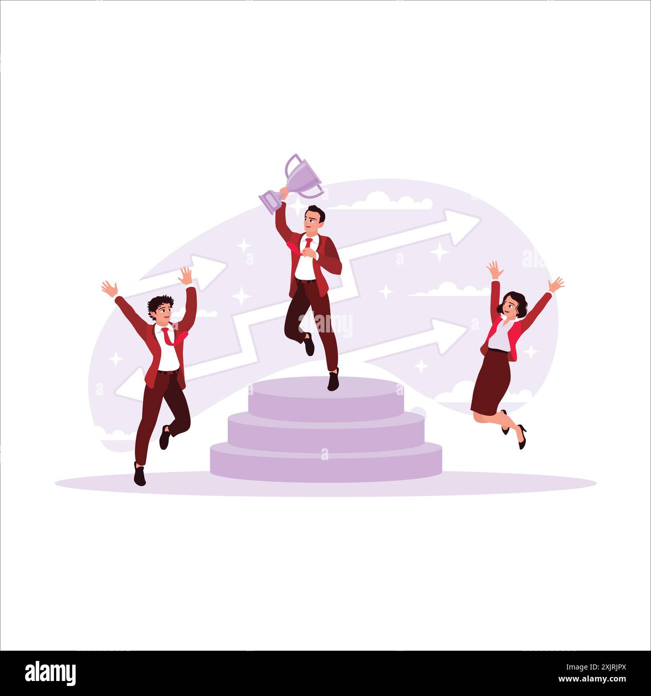 Young businessman holding a trophy and happy employee with leadership ...