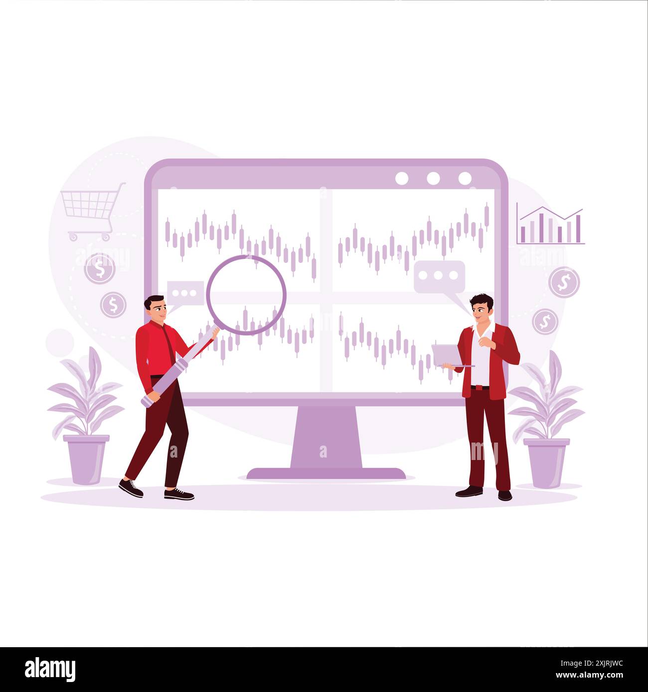 Two young business people work together in the office, discussing and ...