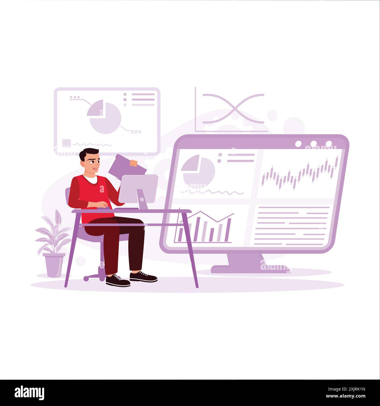 Young male analyst, working in the office with computer analyzing data ...