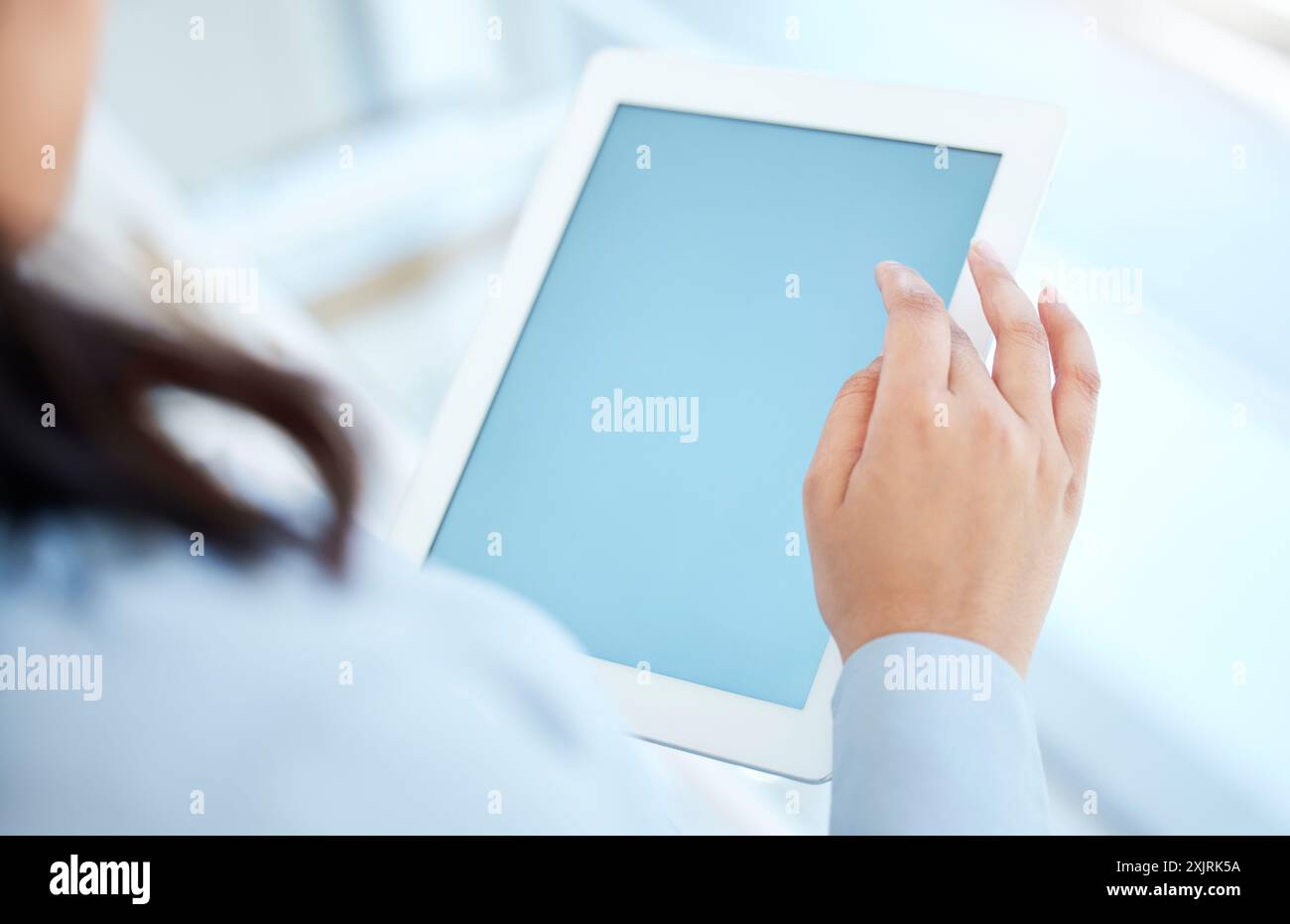 Screen, hands and mockup in office with tablet, research and scroll for ...