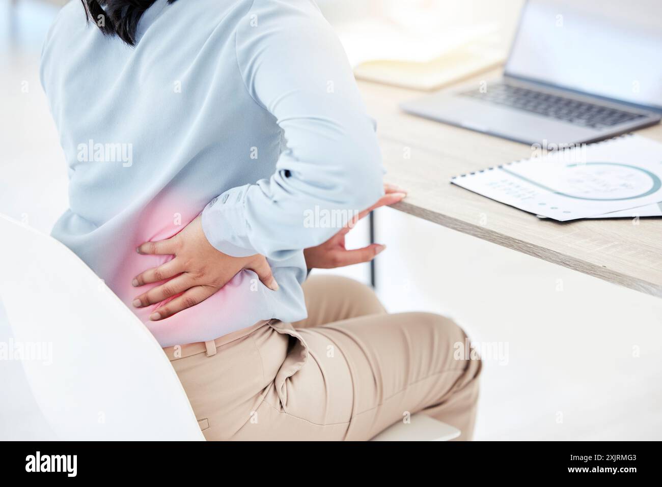 Office, business woman and back pain with discomfort, inflammation and ...