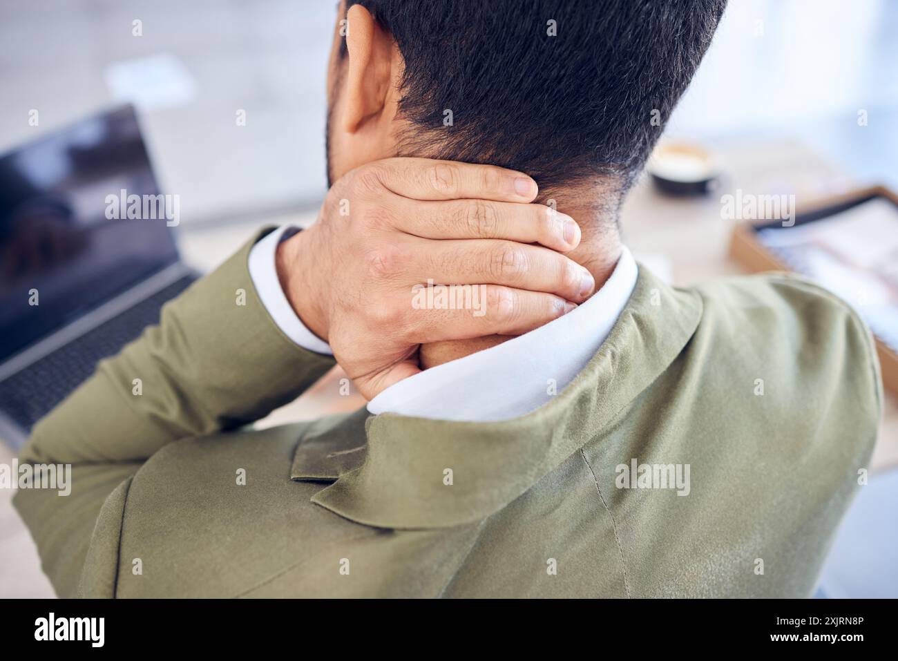 Business, man and neck pain from injury at desk with muscle tension ...