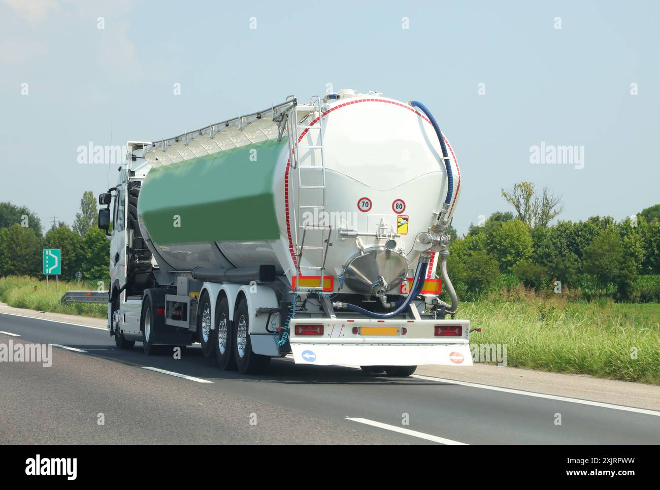 Large fuel tanker truck carrying flammable fuel on a freeway Stock ...