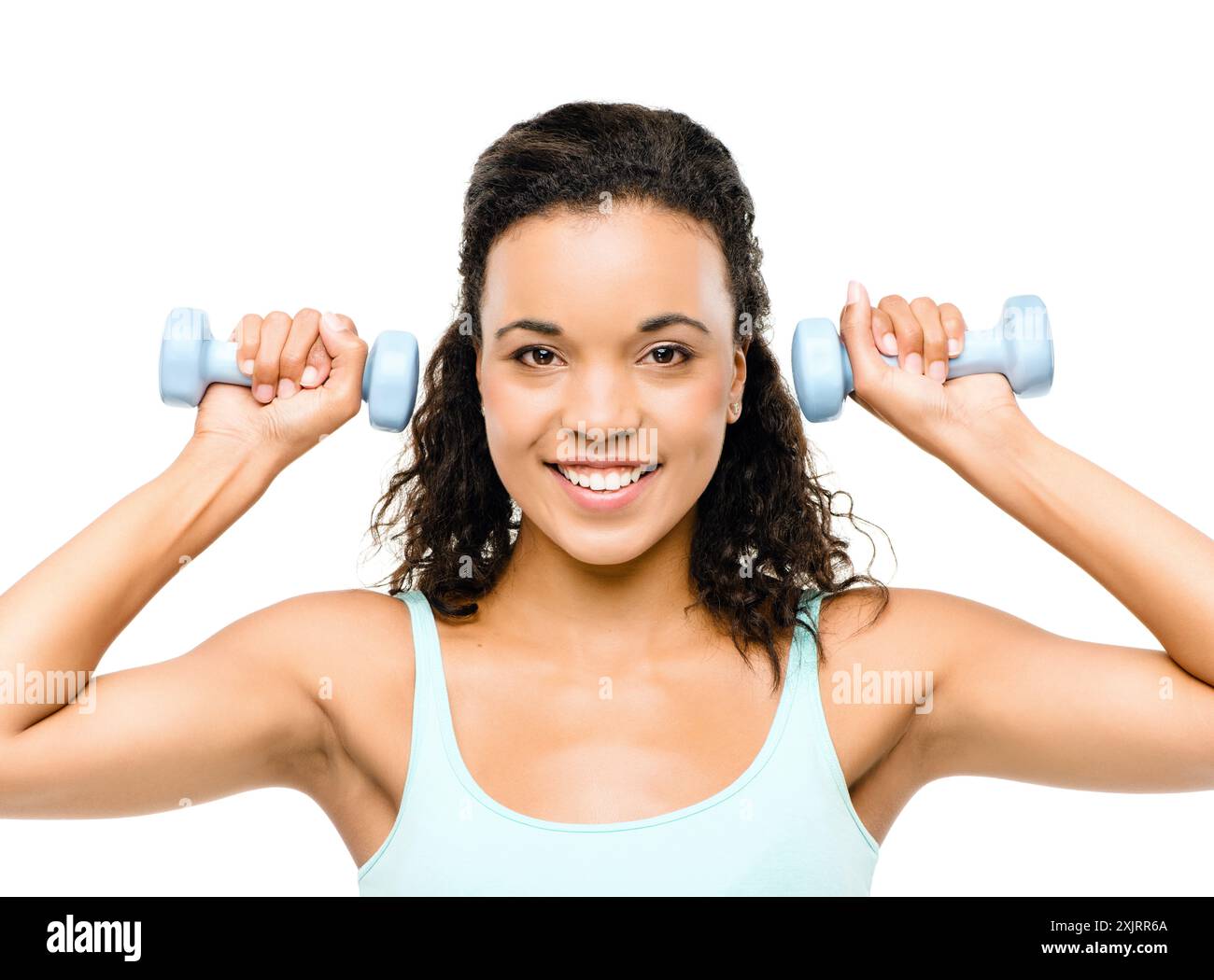 Girl, teenager and portrait for dumbbells in studio, training and ...