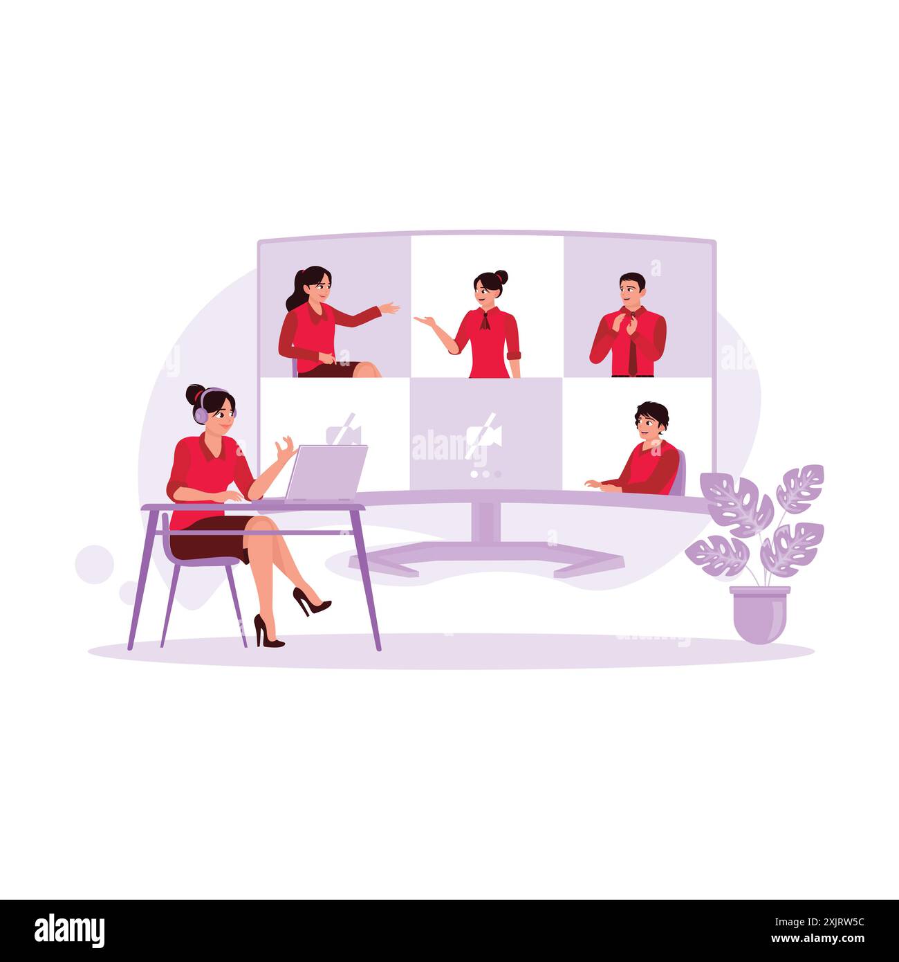 Portrait of female students with headphones doing online meetings via ...