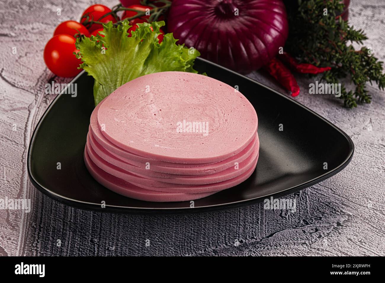 Boiled pork sliced sausage stack for breakfast Stock Photo - Alamy