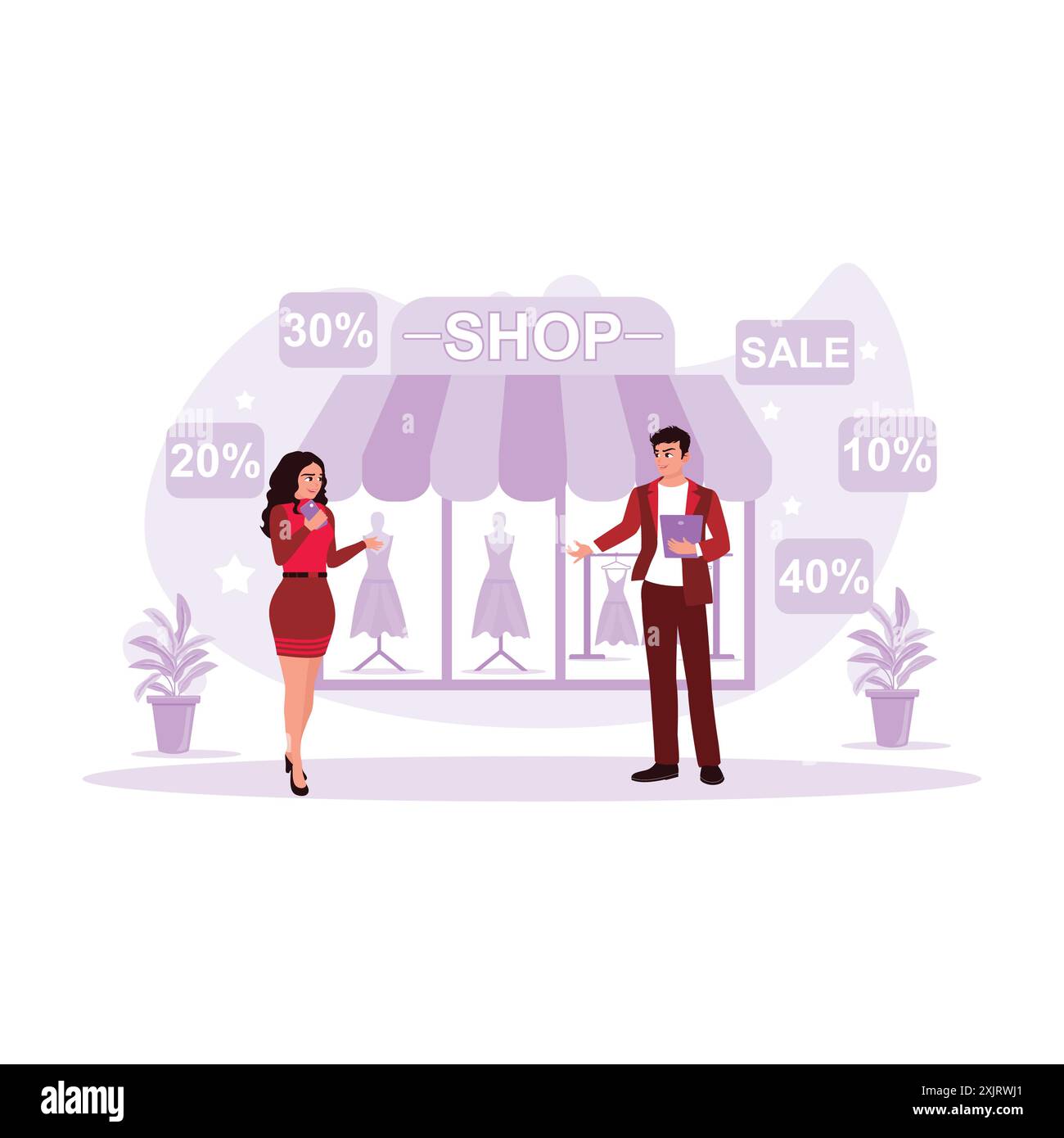Female customers visit clothing stores with various discounts, and male ...