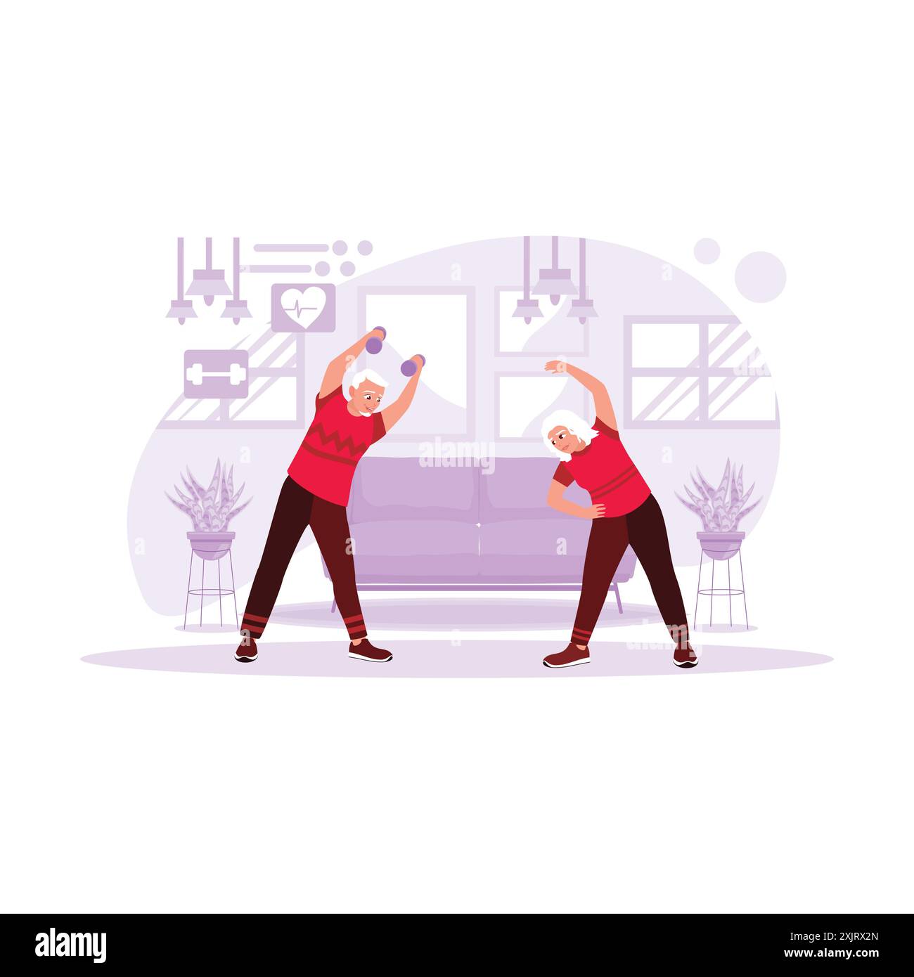 Portrait of senior couple exercising together in the lounge. Trend ...
