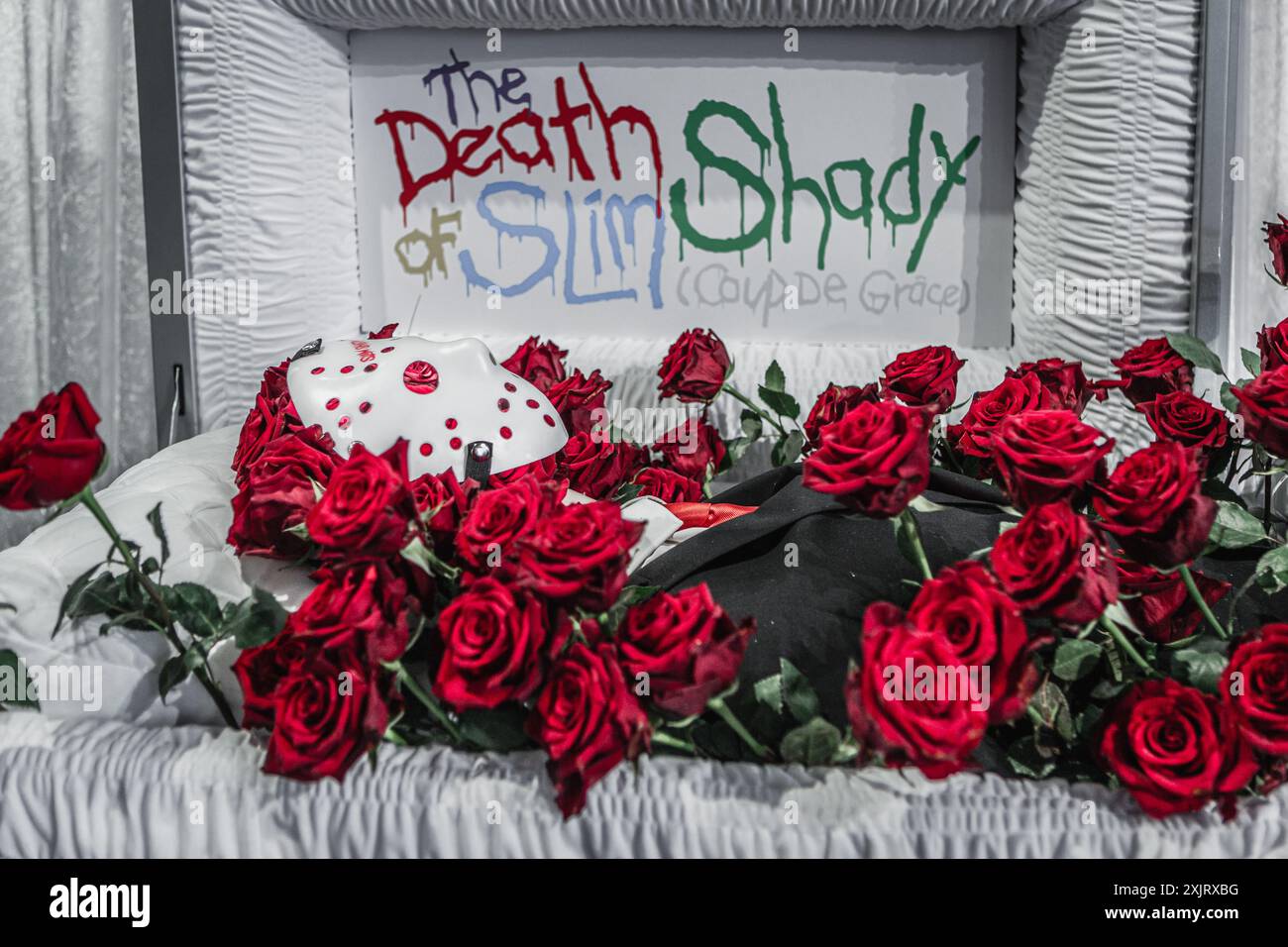 An open coffin at Eminem's Slim Shady funeral pop up event in London's ...