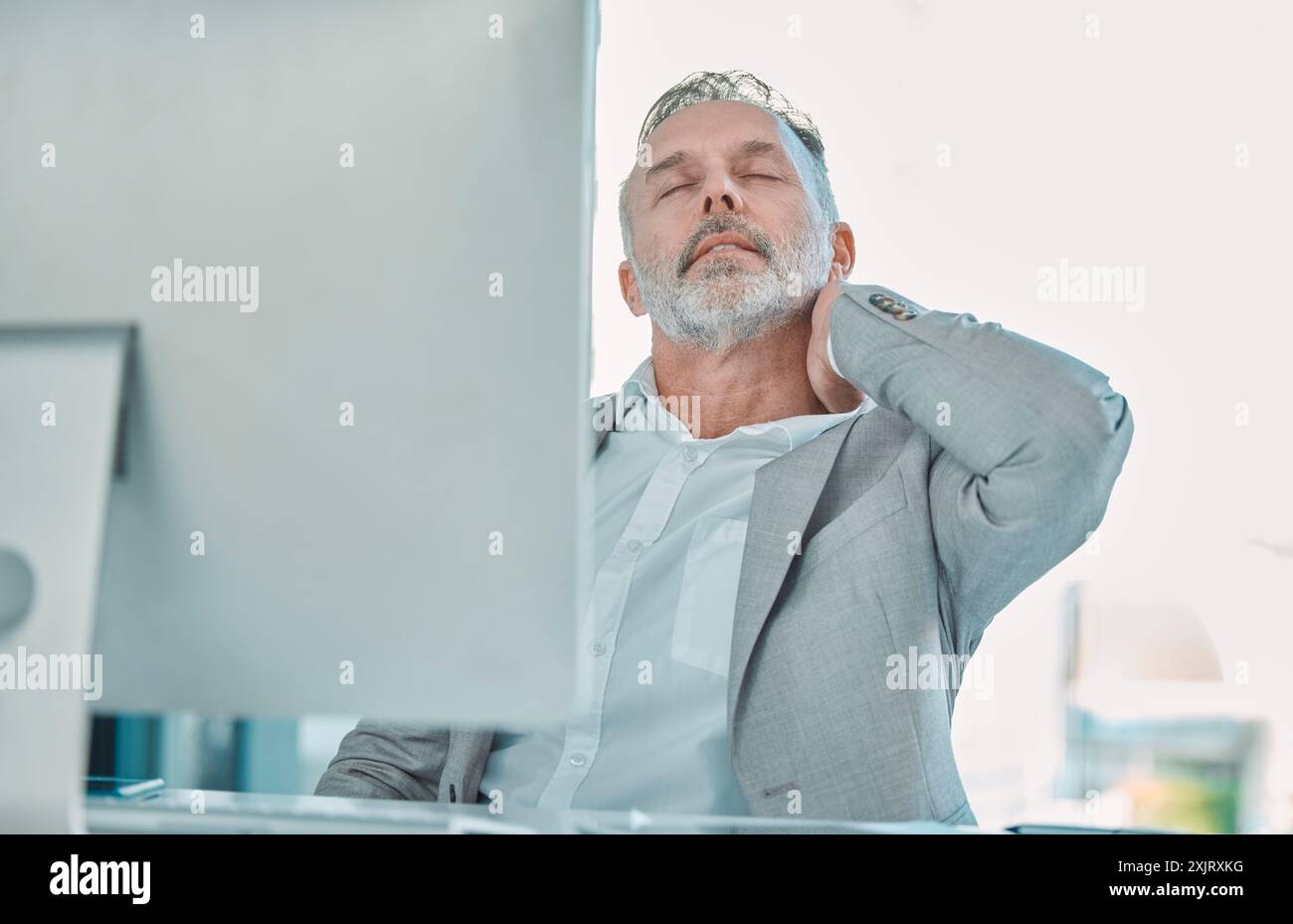 Mature business man, neck pain and office with stress, hand and massage ...