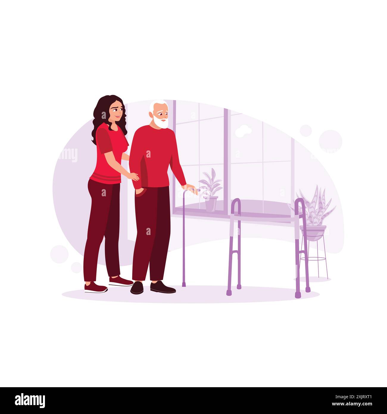 Granddaughter helps Grandpa walk with a cane while looking out the ...