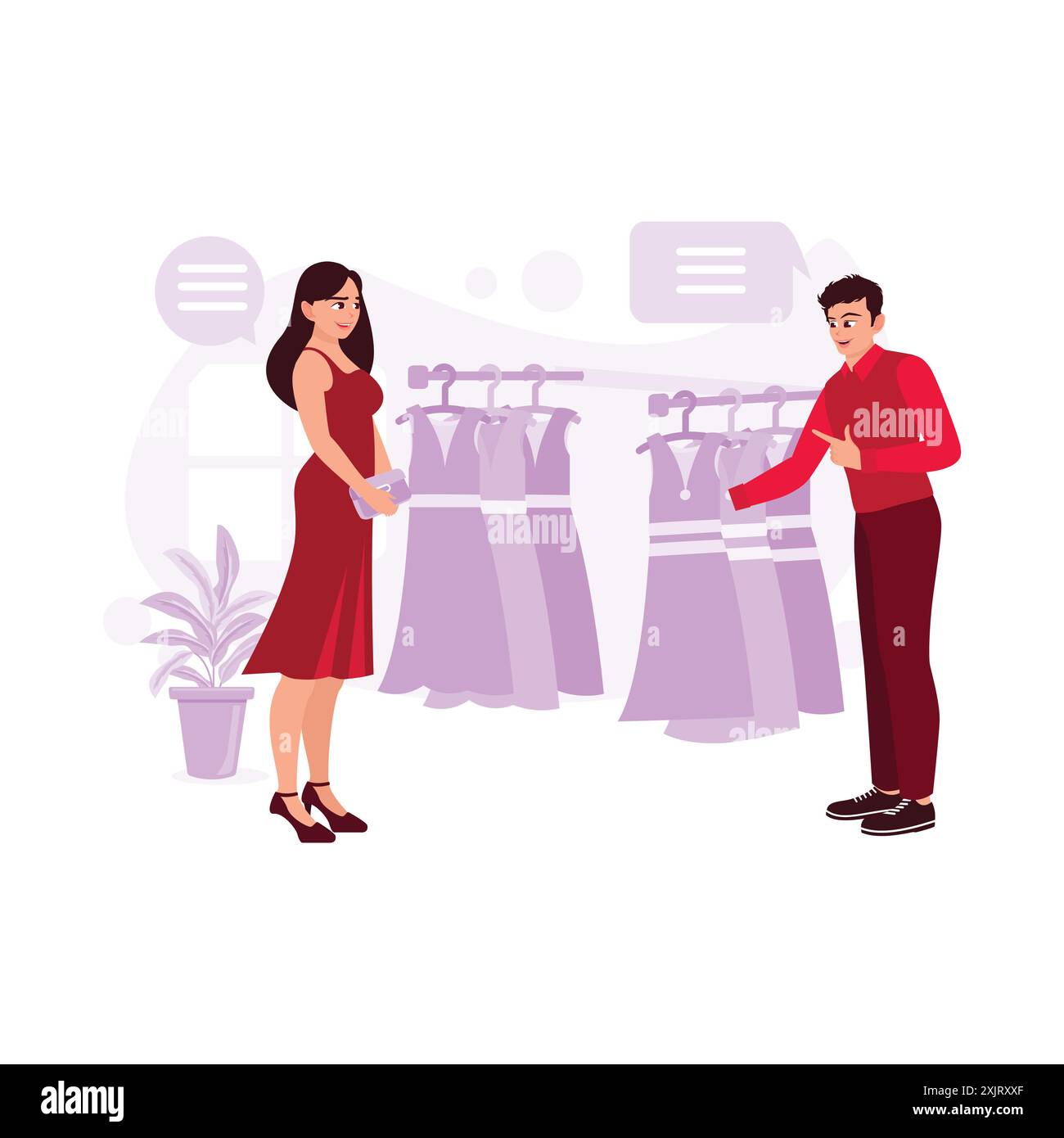 Young women shop in clothing stores, and male salespeople help and ...