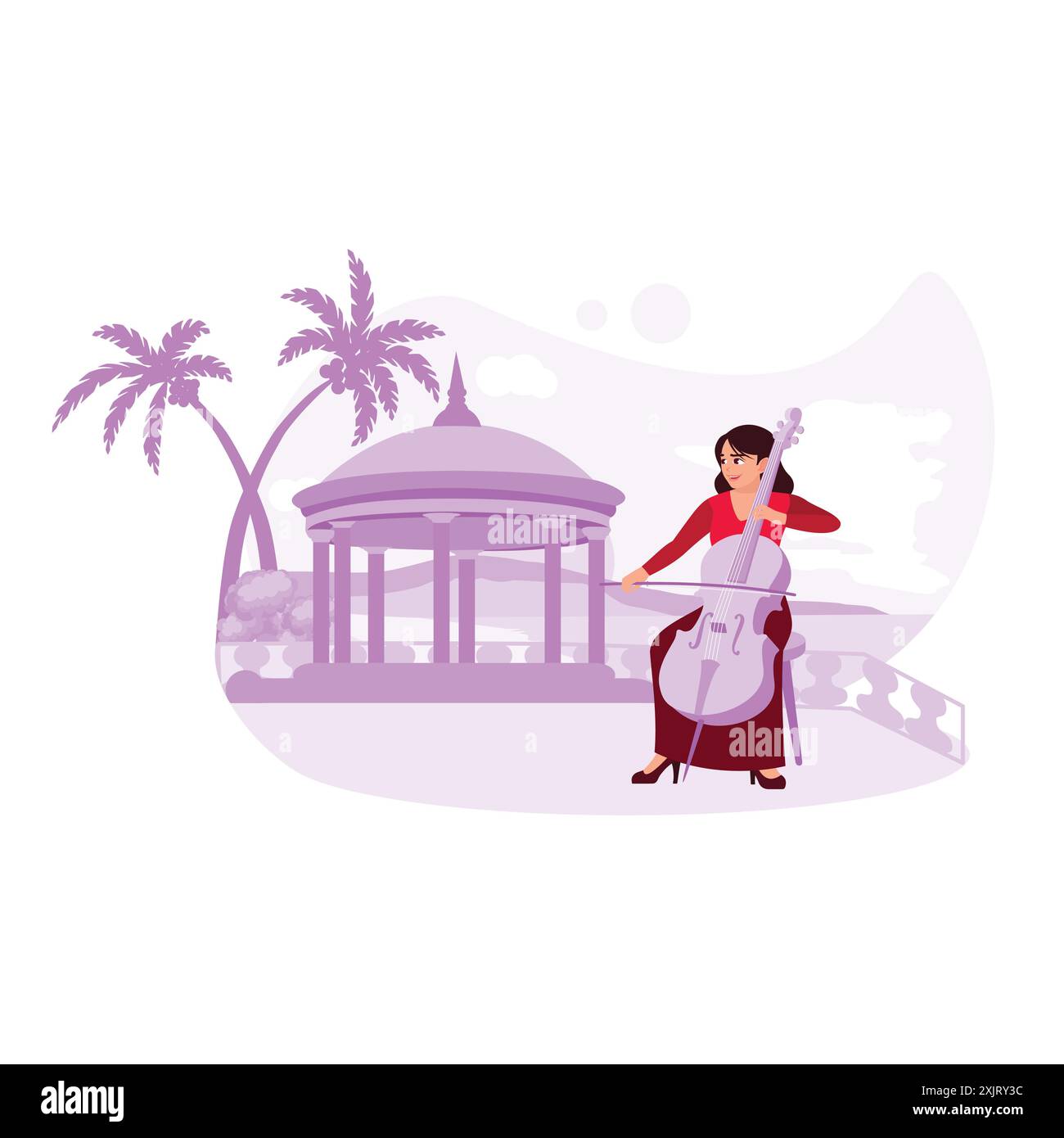 Cellist playing beautifully by the beach with a gazebo building. Trend ...