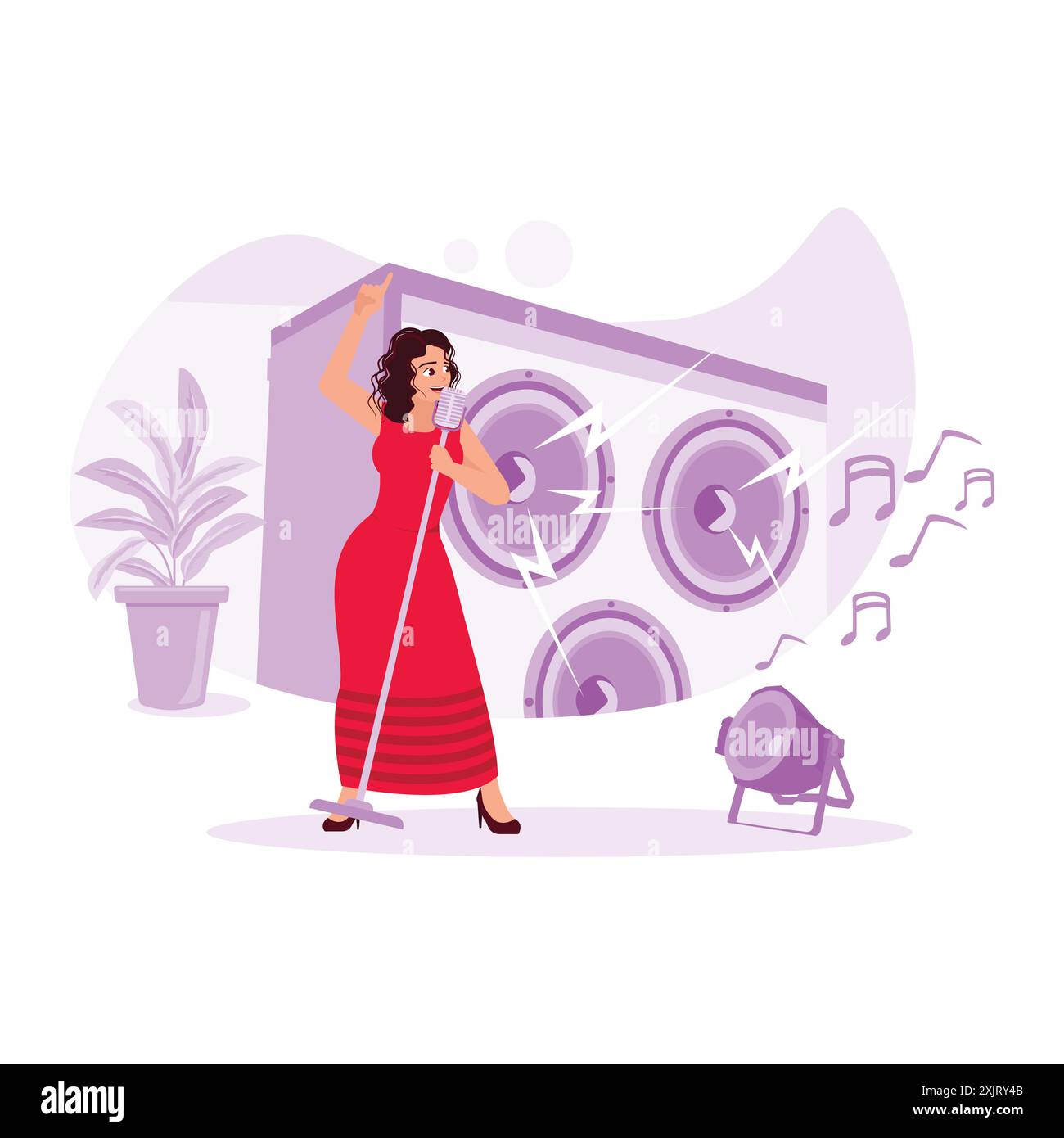 The female solo singer wearing a beautiful dress sings confidently on ...