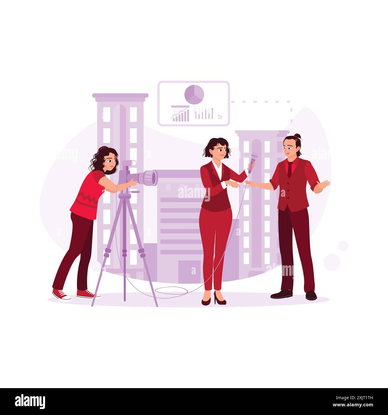 Interview of an intelligent businessman by journalists and camera operators in front of the ...