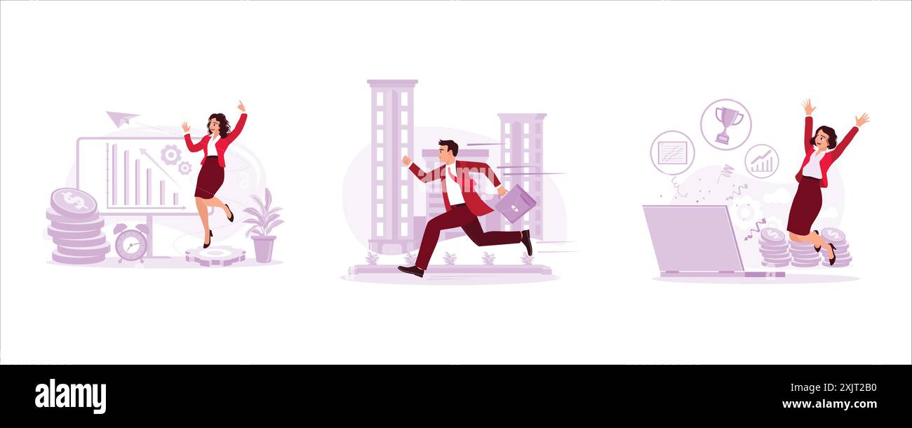 The female employee jumps with joy. The young man in a suit ran ...