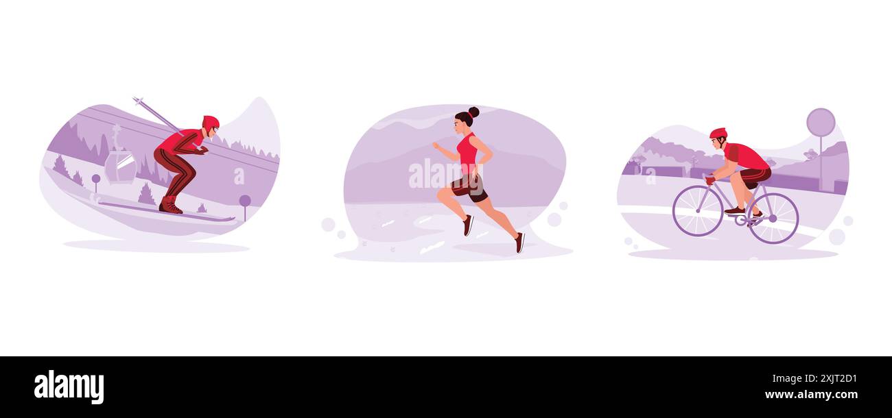 Ski athletes go fast on the snow. Female runners step fast. a Male ...