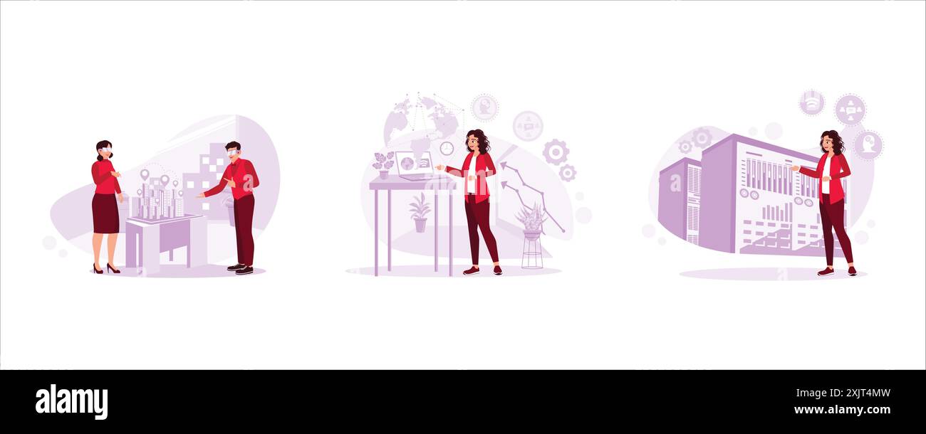 Two architects are working with 3D models using special glasses. Young ...