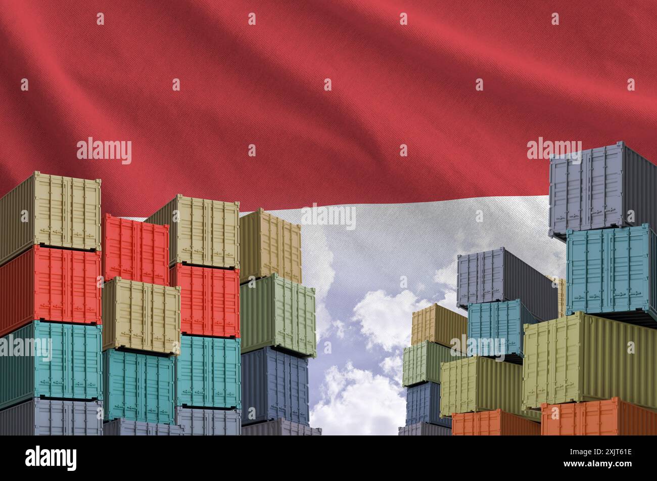 Monaco flag and big stack of shipping cargo containers in docks with ...