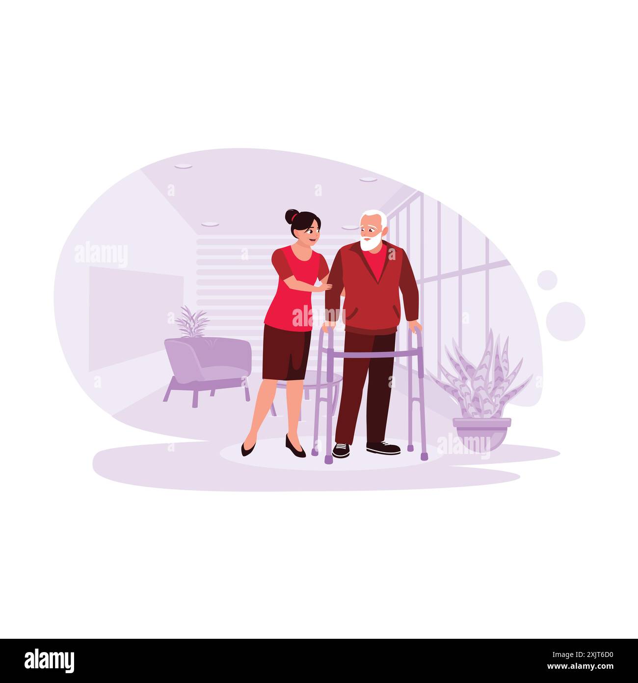 Portrait of a young nurse helping an old male patient learn to walk ...