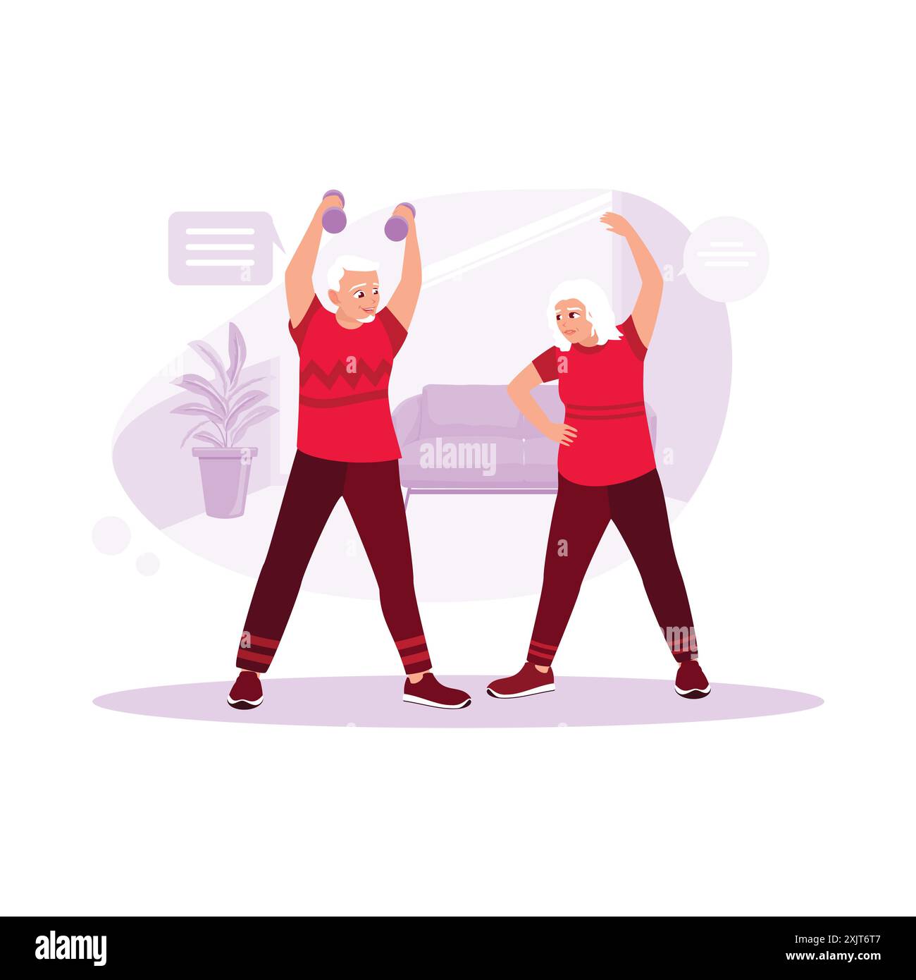 Happy elderly couple exercising together in the lounge. Trend Modern ...