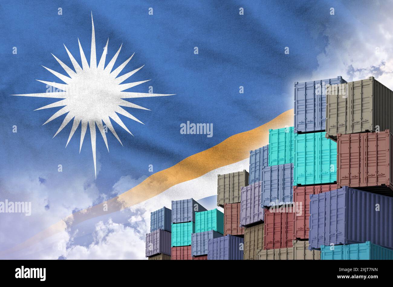 Marshall Islands flag and big stack of shipping cargo containers in docks with sky background ...