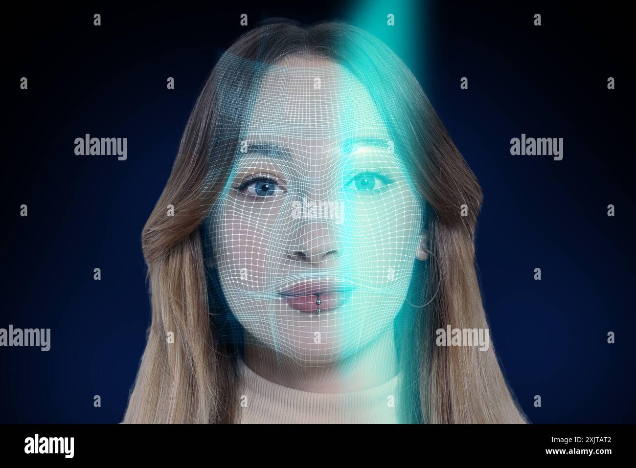 Facial recognition system. Scanning woman's face for authentication ...